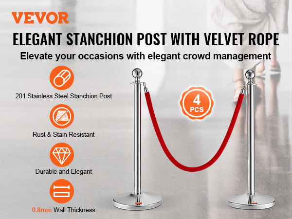 VEVOR Stanchion Post with Velvet Rope, 4-Pack Crowd Control Stanchion ...