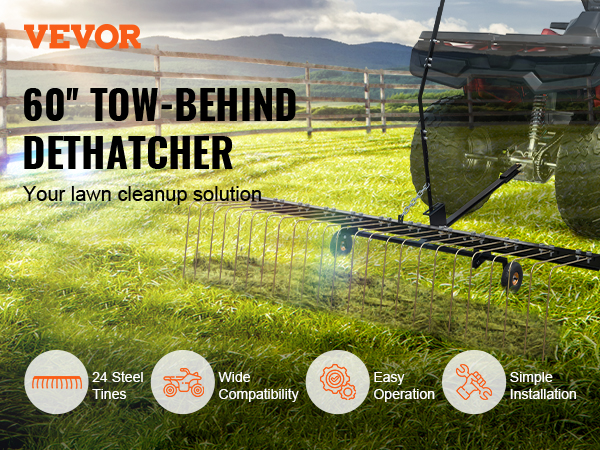 VEVOR Tow Behind Dethatcher, 60-inch Tow Dethatcher with 24 Steel Tines ...