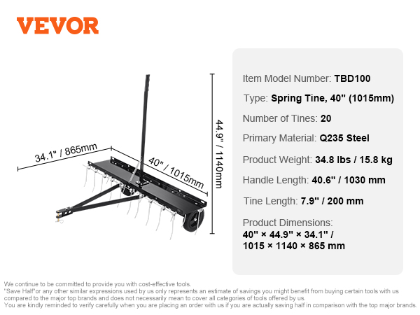 VEVOR Tow Behind Dethatcher, 40-inch Tow Dethatcher with 20 Spring ...