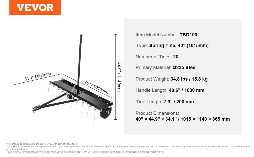 VEVOR Tow Behind Dethatcher, 40-inch Tow Dethatcher with 20 Spring ...