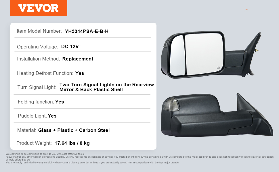 VEVOR Towing Mirrors, Left & Right Pair Set for 2009-2023 Dodge Ram ...