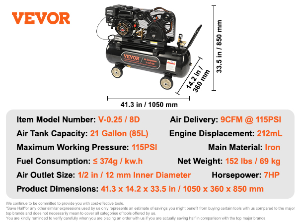 VEVOR 21 Gallon Gas Powered Air Compressor, 7HP 9CFM@115PSI Air ...