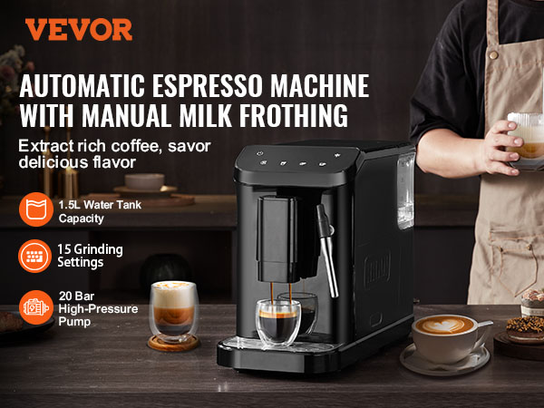 VEVOR Automatic Espresso Machine 20Bar w/ Frother Steam Wand & 15 ...