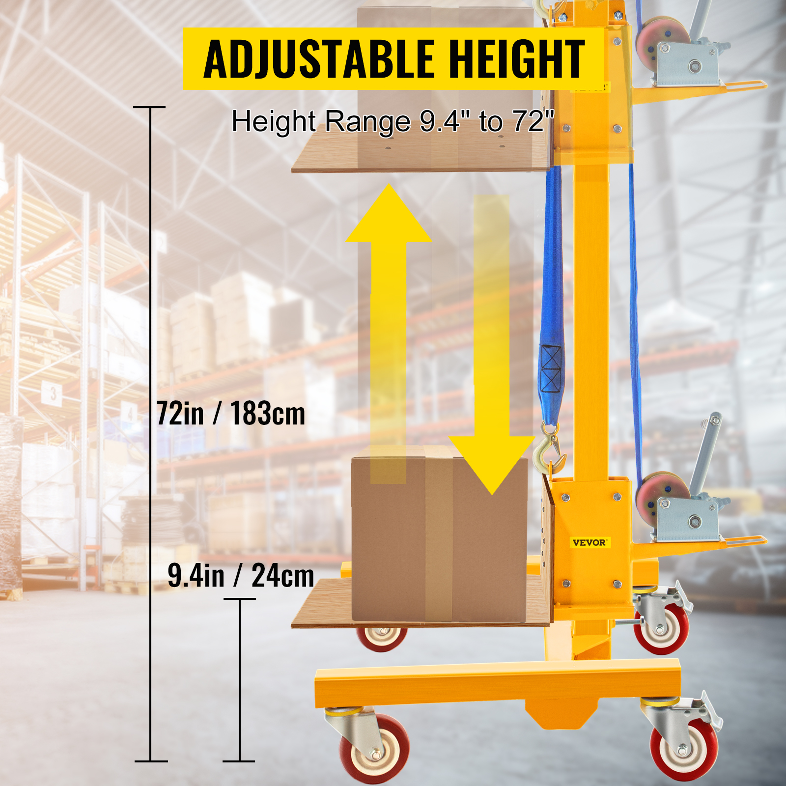 VEVOR Manual Winch Stacker, 9.4" - 72" Height Range, 19.7" Length x 15. ...