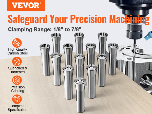 VEVOR 13 pcs Precision R8 Collet Set, 1/8'' - 7/8'', 45# Alloy Steel ...