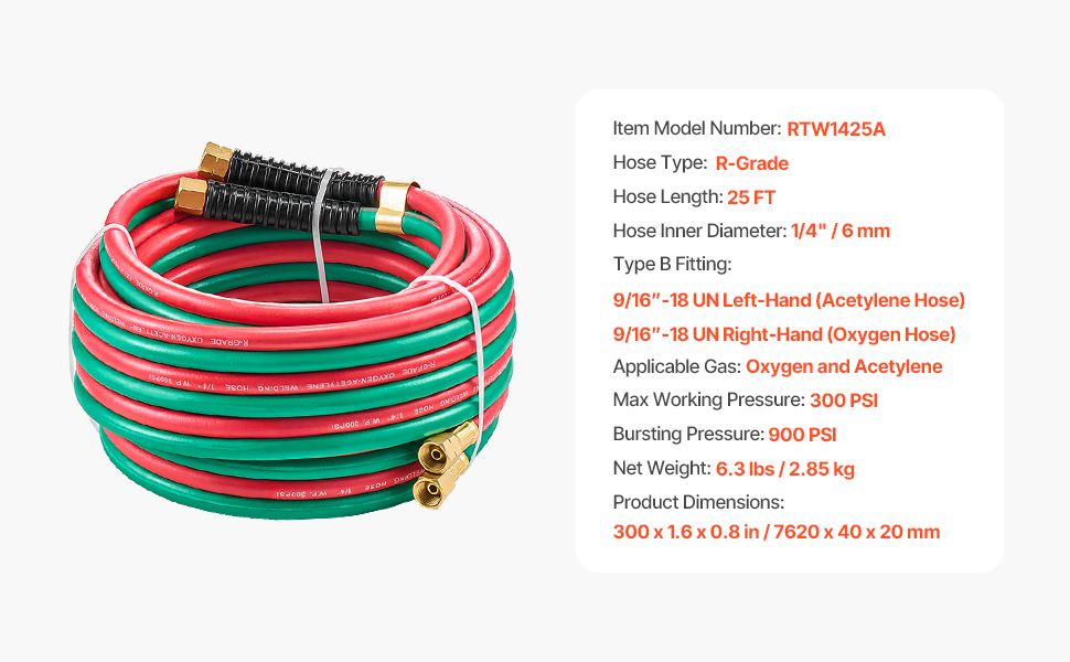 Oxygen Acetylene Hose 1/4-Inch x 25FT R Grade Hose 300PSI Max Working ...