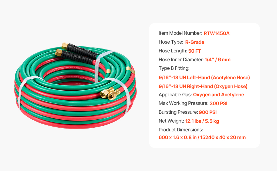 Oxygen Acetylene Hose 1/4-Inch x 50FT R Grade Hose 300PSI Max Working ...