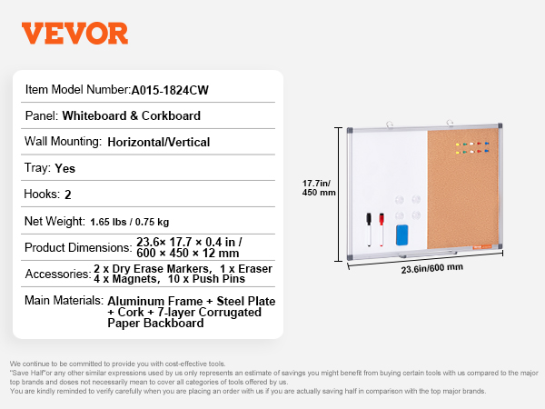 VEVOR 24"x 18" Whiteboard & Cork Board Combo with Aluminum Frame ...