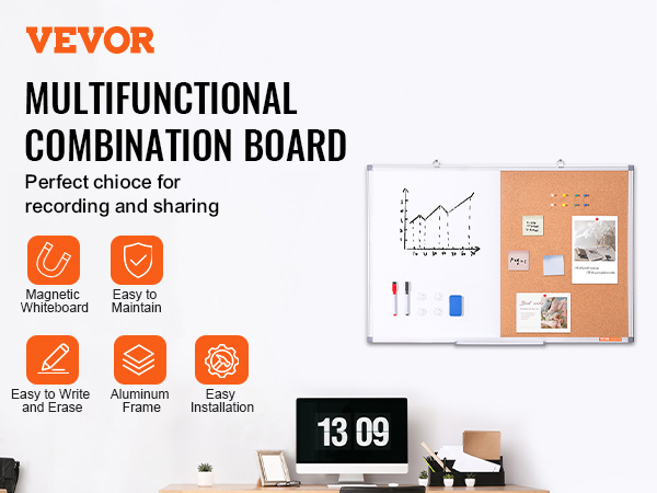 VEVOR 24"x 18" Whiteboard & Cork Board Combo with Aluminum Frame ...