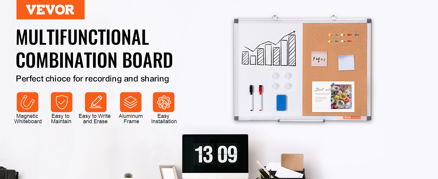 VEVOR 24"x 18" Whiteboard & Cork Board Combo with Aluminum Frame ...