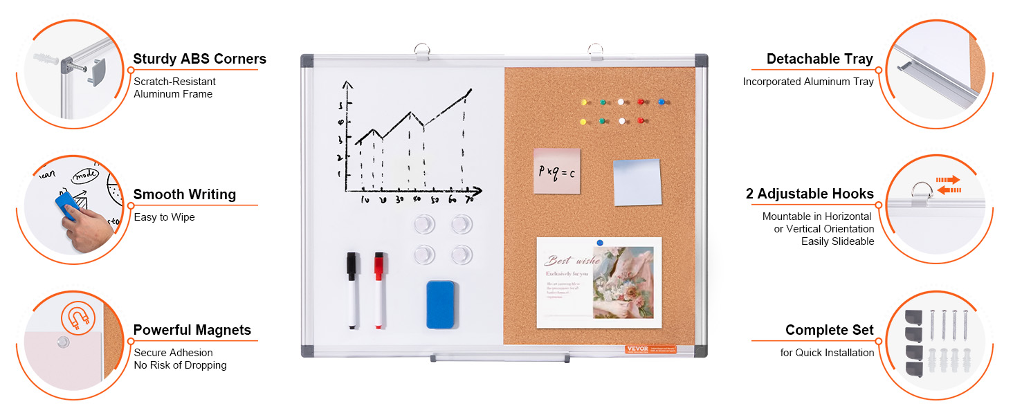 VEVOR 24"x 18" Whiteboard & Cork Board Combo with Aluminum Frame ...
