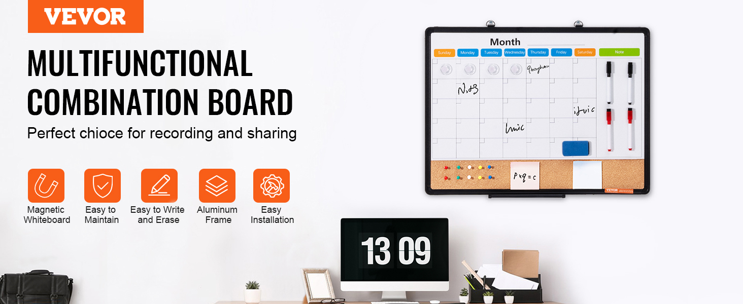 VEVOR 24"x18" Monthly Calendar Whiteboard & Cork Board Combo with ...