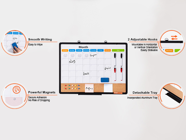 VEVOR 24"x18" Monthly Calendar Whiteboard & Cork Board Combo with ...