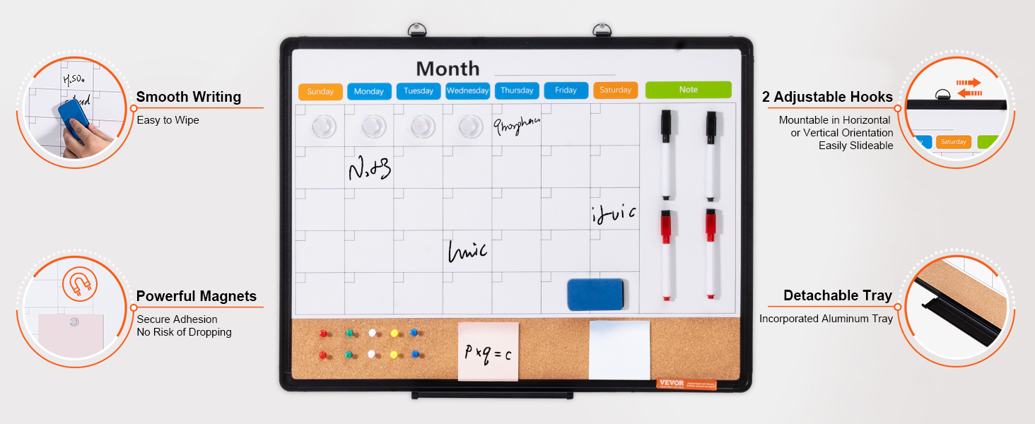 VEVOR 24"x18" Monthly Calendar Whiteboard & Cork Board Combo with ...
