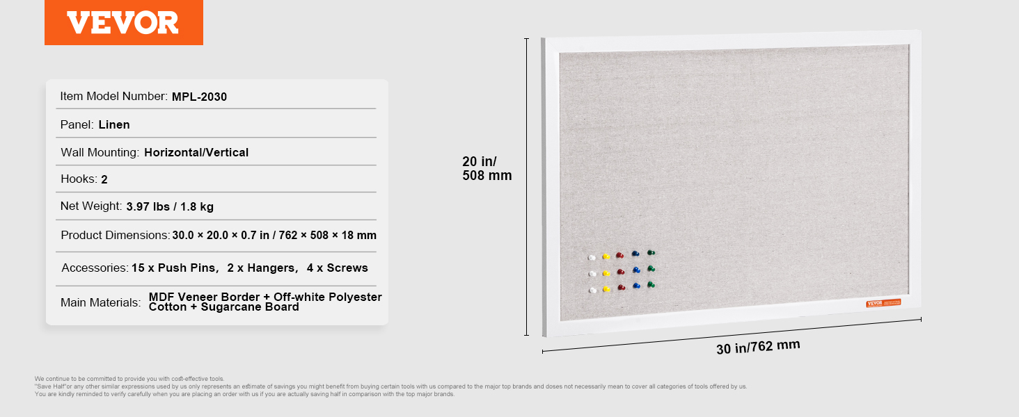 VEVOR 30"x20" White Cork Board with Linen Surface Wall-Mounted Bulletin ...