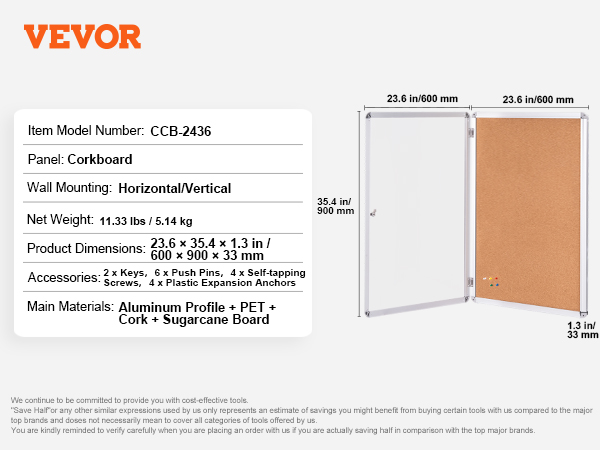 VEVOR 36"x24" Enclosed Cork Board with Aluminum Frame Lockable Bulletin ...