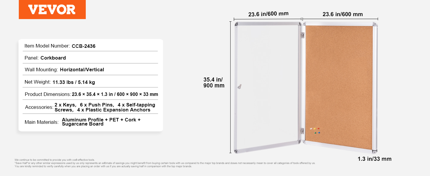 VEVOR 36"x24" Enclosed Cork Board with Aluminum Frame Lockable Bulletin ...