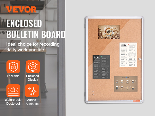 VEVOR 36"x24" Enclosed Cork Board with Aluminum Frame Lockable Bulletin ...