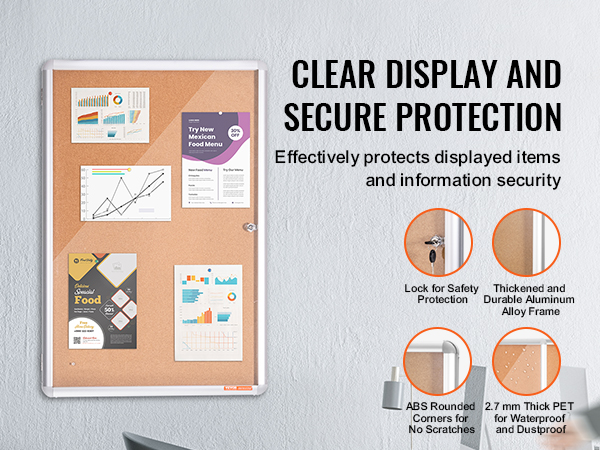 VEVOR 36"x24" Enclosed Cork Board with Aluminum Frame Lockable Bulletin ...