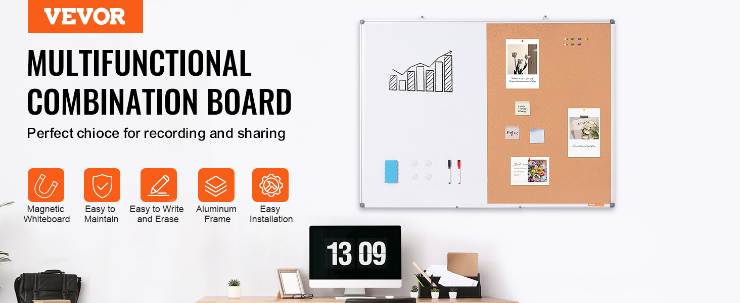 VEVOR 48"x 36" Whiteboard & Cork Board Combo with Aluminum Frame ...