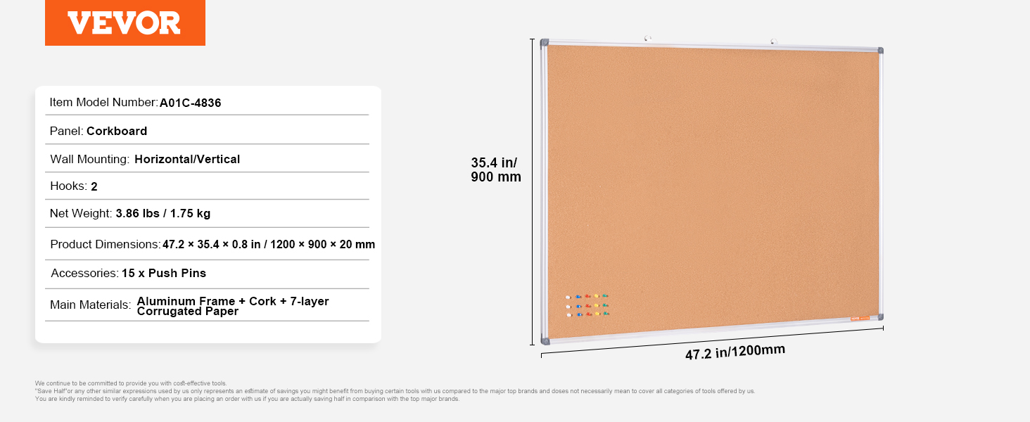 VEVOR 48"x36" Large Cork Board – Wall-Mounted Bulletin Board with Pin ...