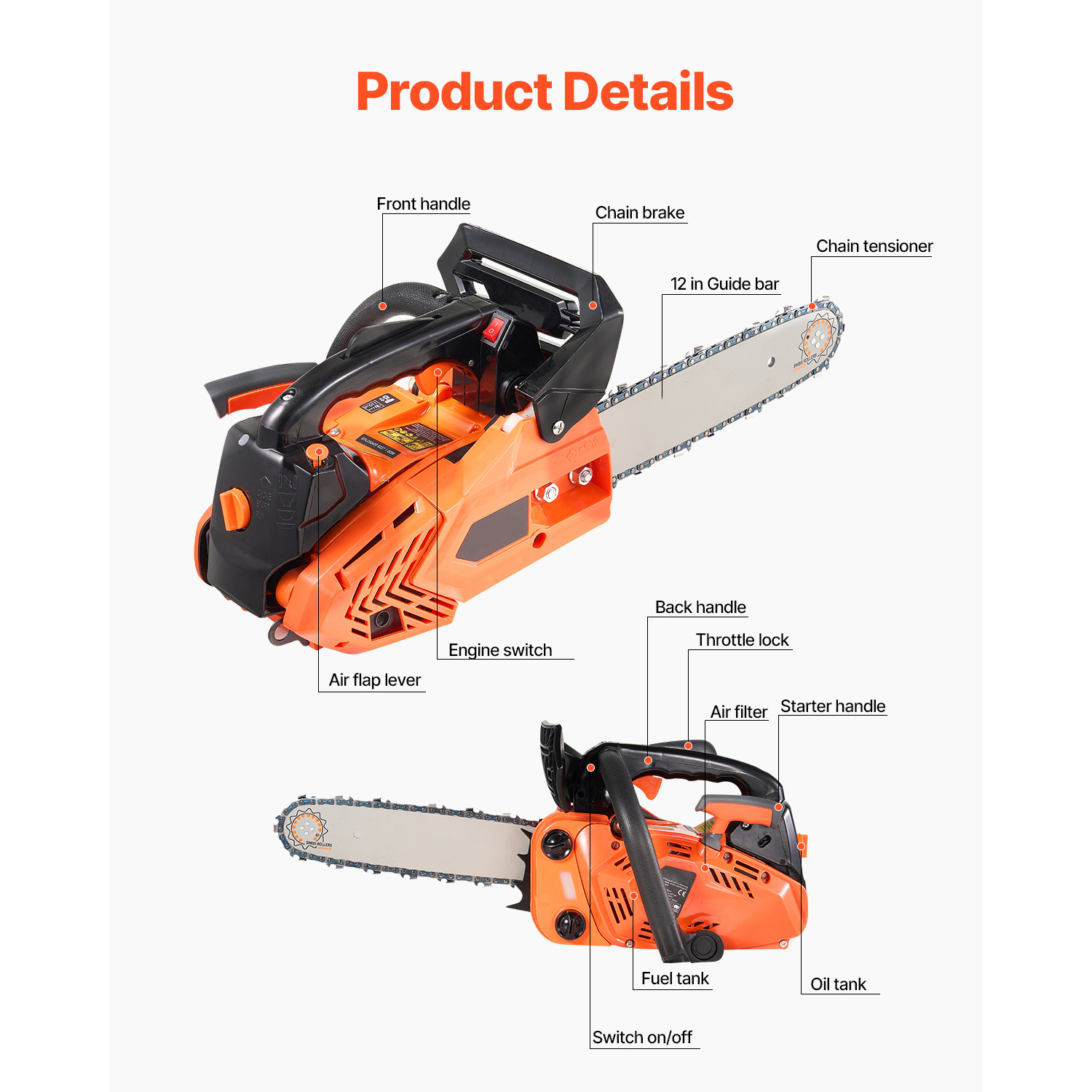 Mophorn 25 cc Gas Chainsaw, 12-inch Gas-Powered Tool with 1.02 HP ...