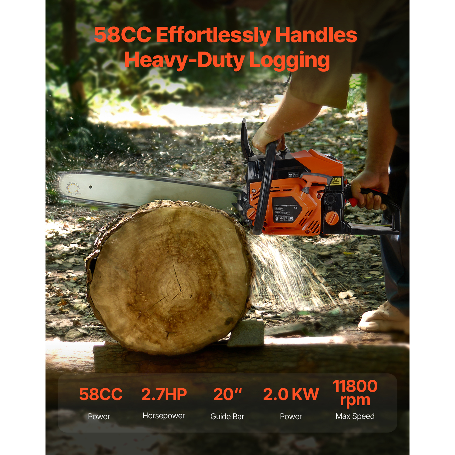 Mophorn 58 cc Gas Chainsaw, 20-Inch Gas-Powered Saw, 2.7 HP with Anti ...