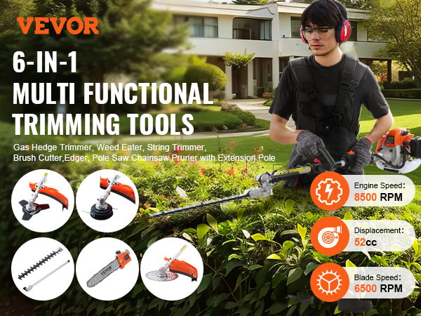 VEVOR 52CC 6-in-1 Multi-Functional Trimming Tools, Gas Hedge Trimmer, Weed Eater, String Trimmer ...