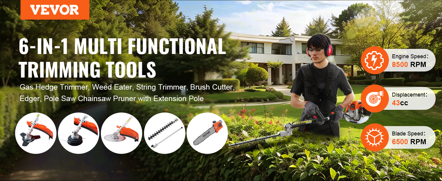 VEVOR 43CC 6-in-1 Multi-Functional Trimming Tools, Gas Hedge Trimmer ...