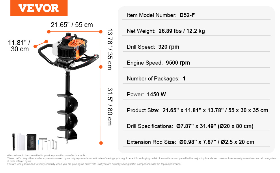 VEVOR Gas Post Hole Digger 52CC 1450W with 8” Drill Bits & 1 Extension ...