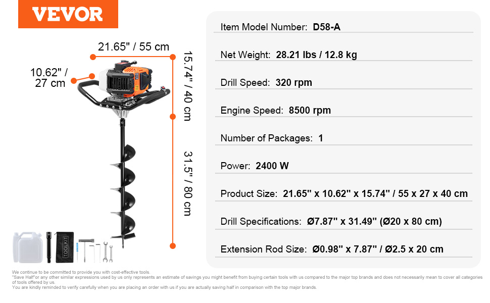 VEVOR Gas Post Hole Digger 63CC 2400W with 8” Drill Bits & 1 Extension ...
