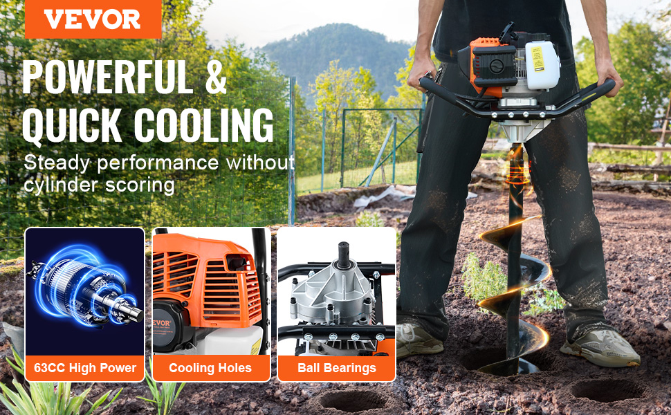 VEVOR Gas Post Hole Digger 63CC 2400W with 8” Drill Bits & 1 Extension Rod | VEVOR US