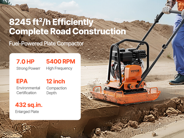 Plate Compactor 7.0 HP Engine 432 sq. in Plate 5400 RPM Ground ...