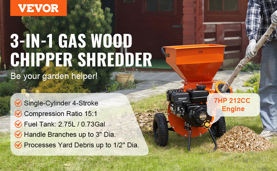 VEVOR Wood Chipper Shredder Mulcher 7HP Heavy Duty Gas Powered 3” 212cc 4.1 kW | VEVOR US
