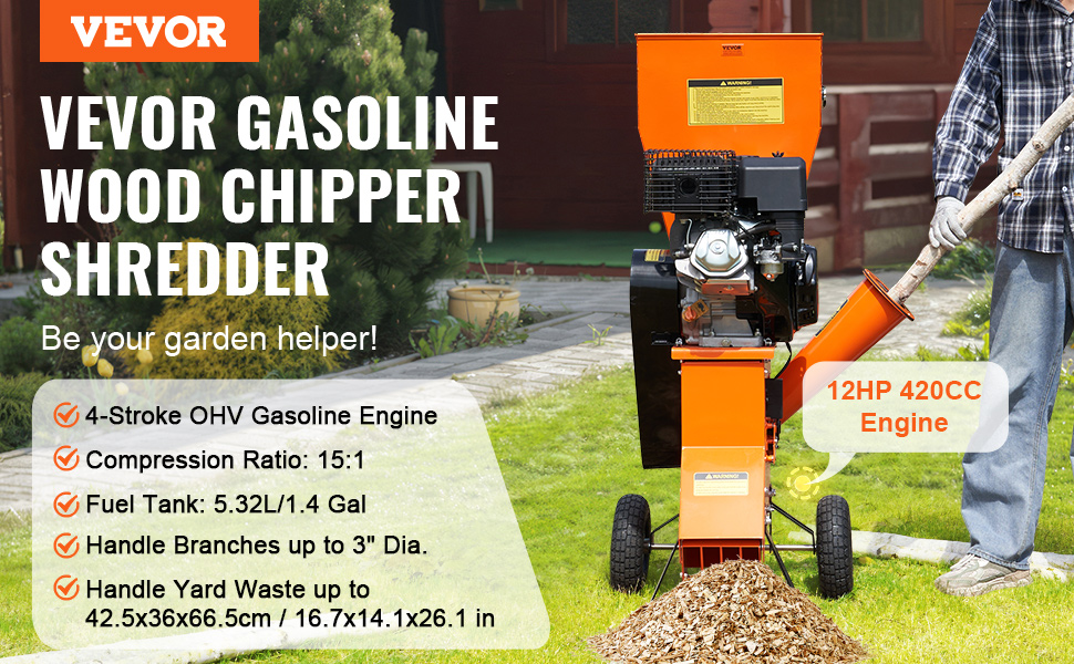 VEVOR Wood Chipper Shredder Mulcher 12 HP HeavyDuty Gas Powered 6.7” 420cc 8.6kW | VEVOR EU