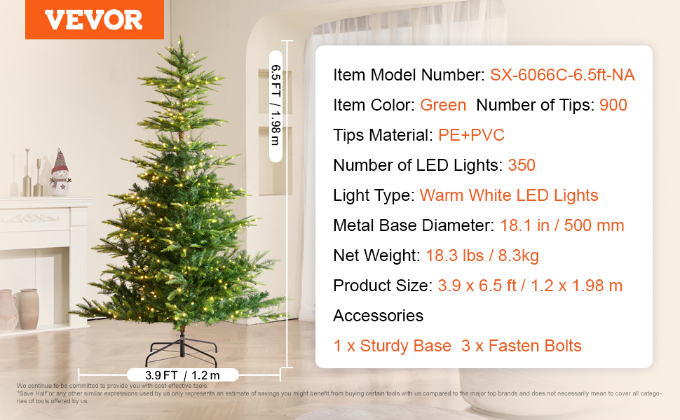VEVOR Christmas Tree 6.5ft Prelit Artificial Tree with 350 White LEDs ...