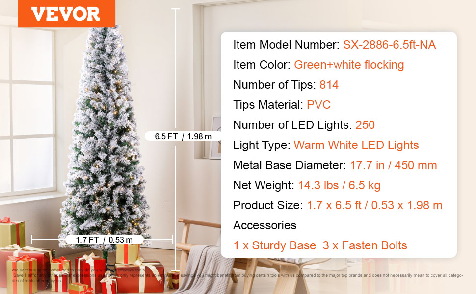VEVOR Christmas Tree 6.5ft Prelit Flocked Xmas Tree with 250 LED Lights ...