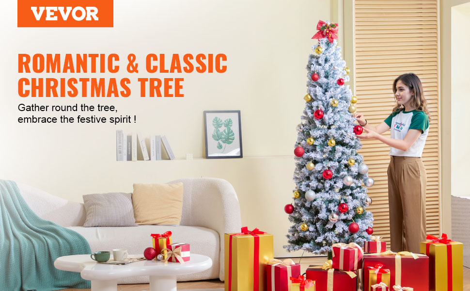 VEVOR Christmas Tree 6.5ft Prelit Flocked Xmas Tree with 250 LED Lights ...