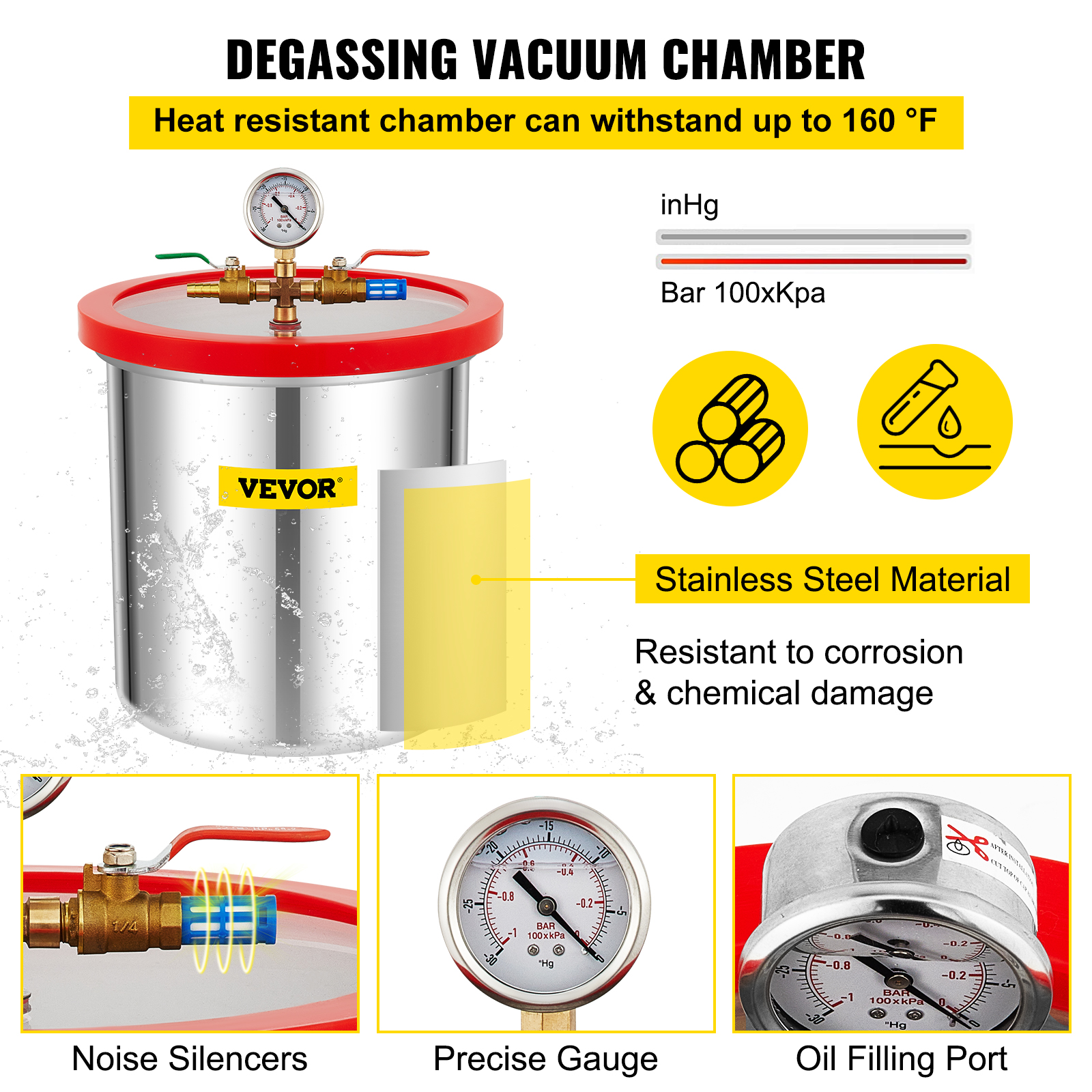 VEVOR 5 Gallon Vacuum Chamber with 5 CFM Vaccum Pump Kit 1/2HP Single ...