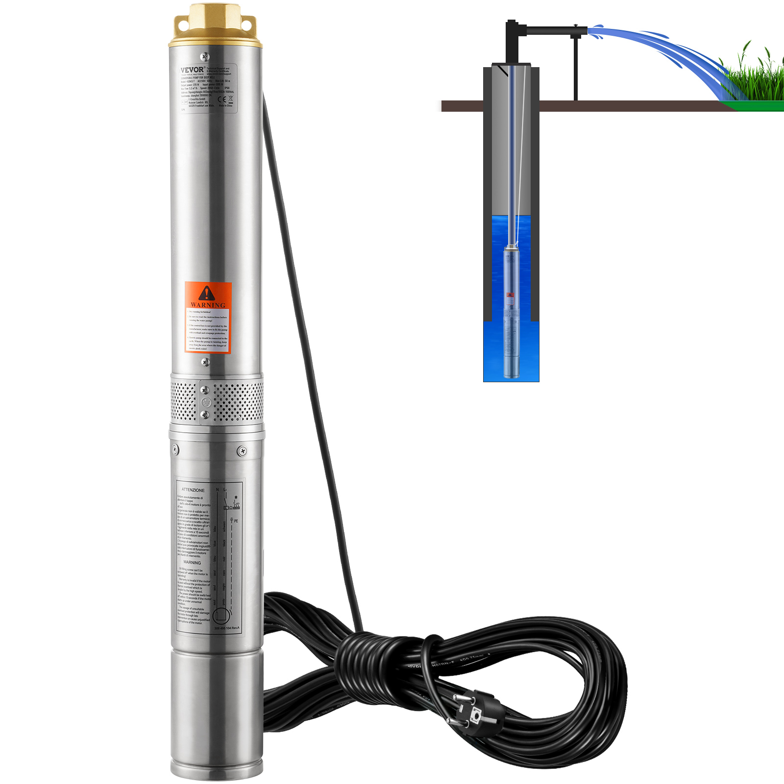 VEVOR Deep Well Submersible Pump Stainless Steel Water Pump 370W 5.3 m³ ...