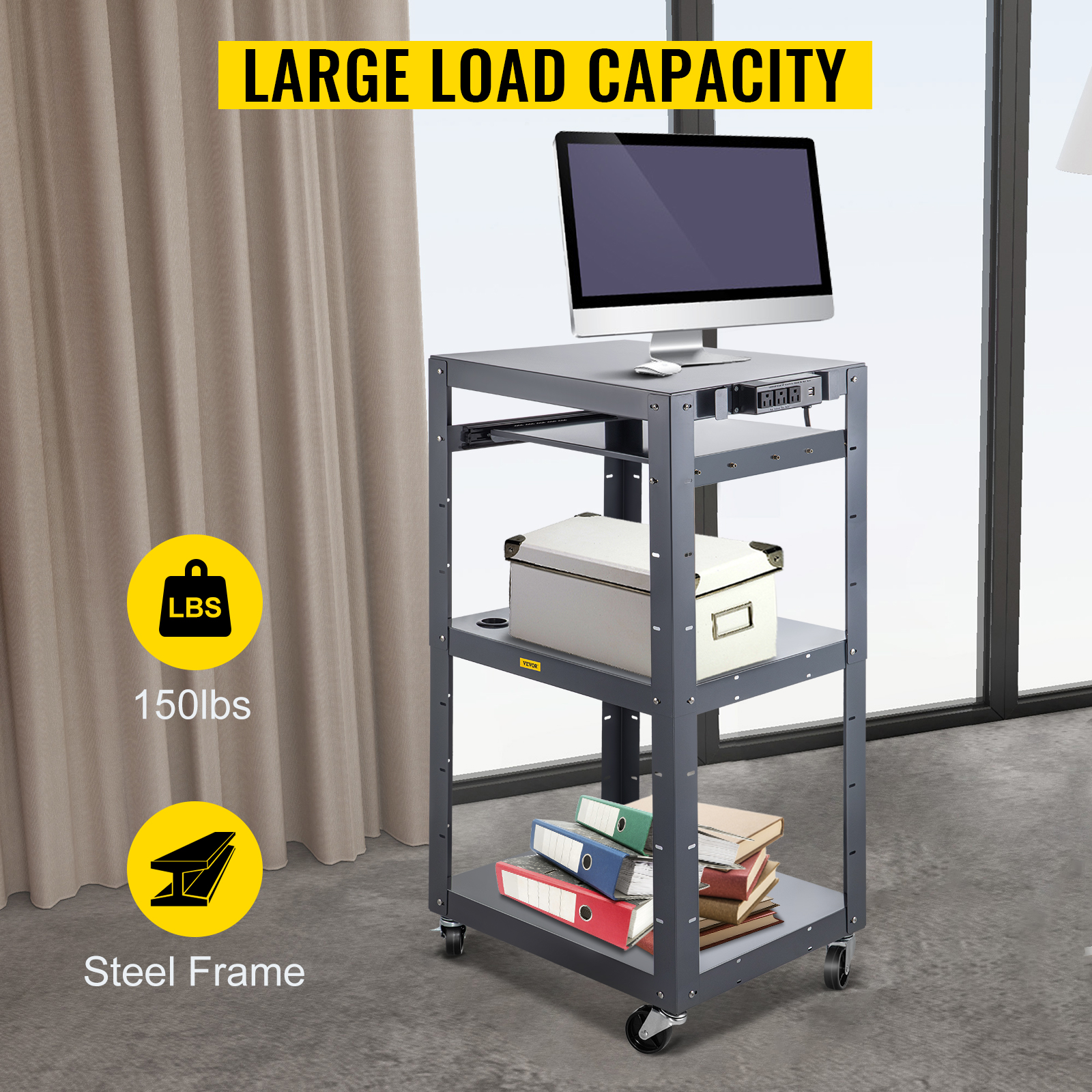 VEVOR Steel AV Cart, 27-41" Height Adjustable Media Cart with 19" x 14 ...
