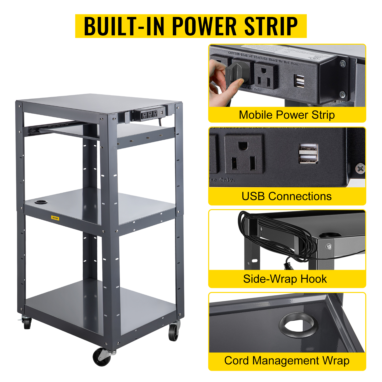 VEVOR Steel AV Cart, 27-41" Height Adjustable Media Cart with 19" x 14 ...