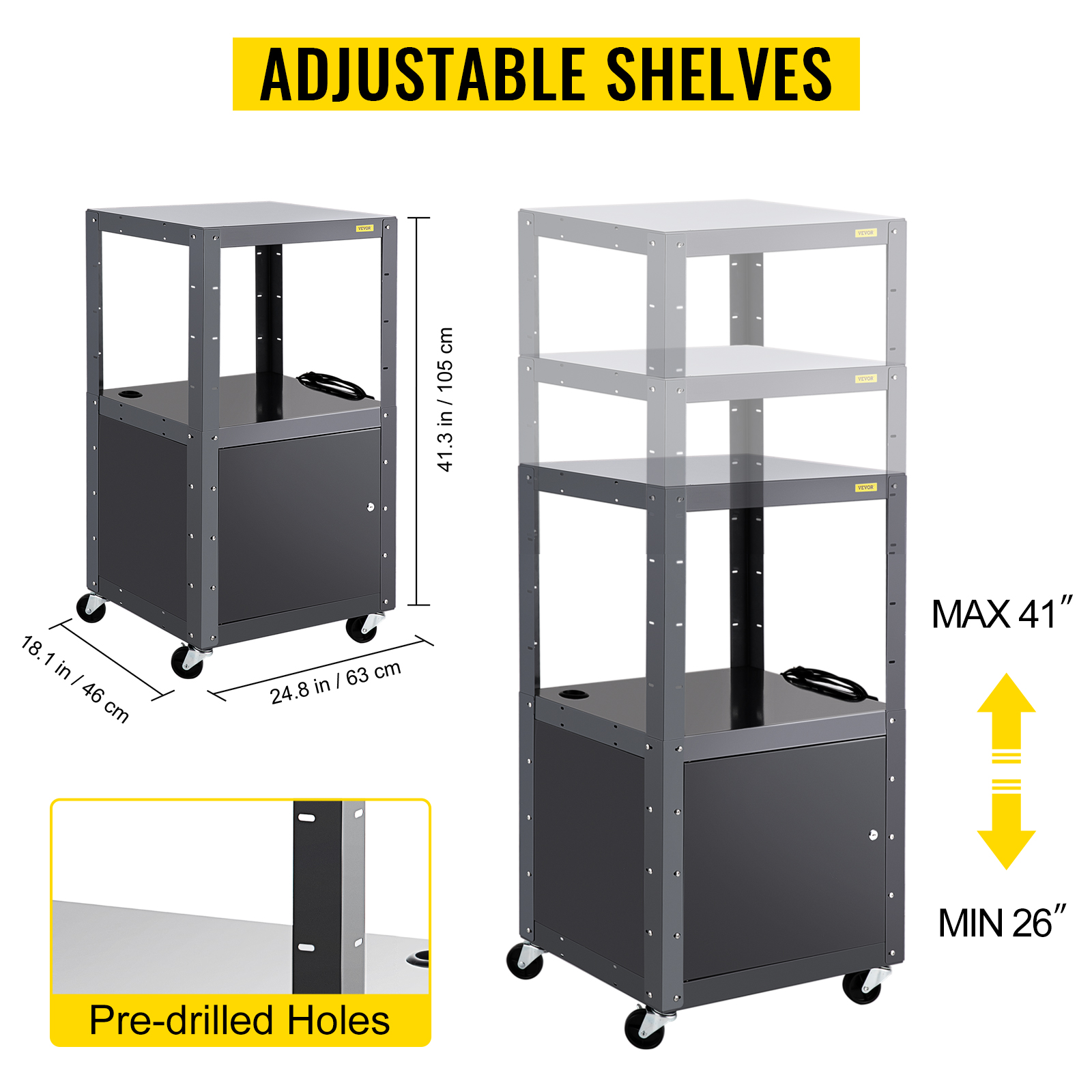 VEVOR AV Cart, 26-41" Height Media Cart with Power Strip, 25 x 18 ...