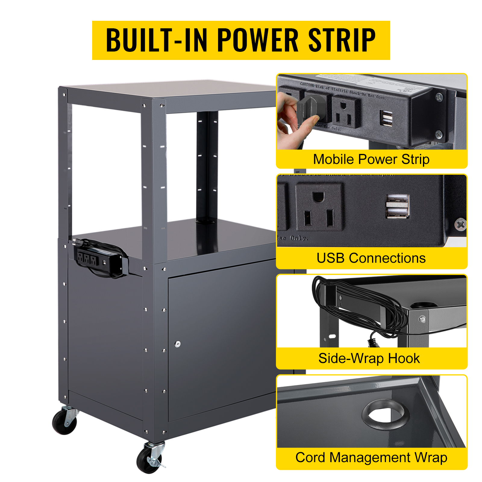 VEVOR AV Cart, 26-41" Height Media Cart with Power Strip, 25 x 18 ...
