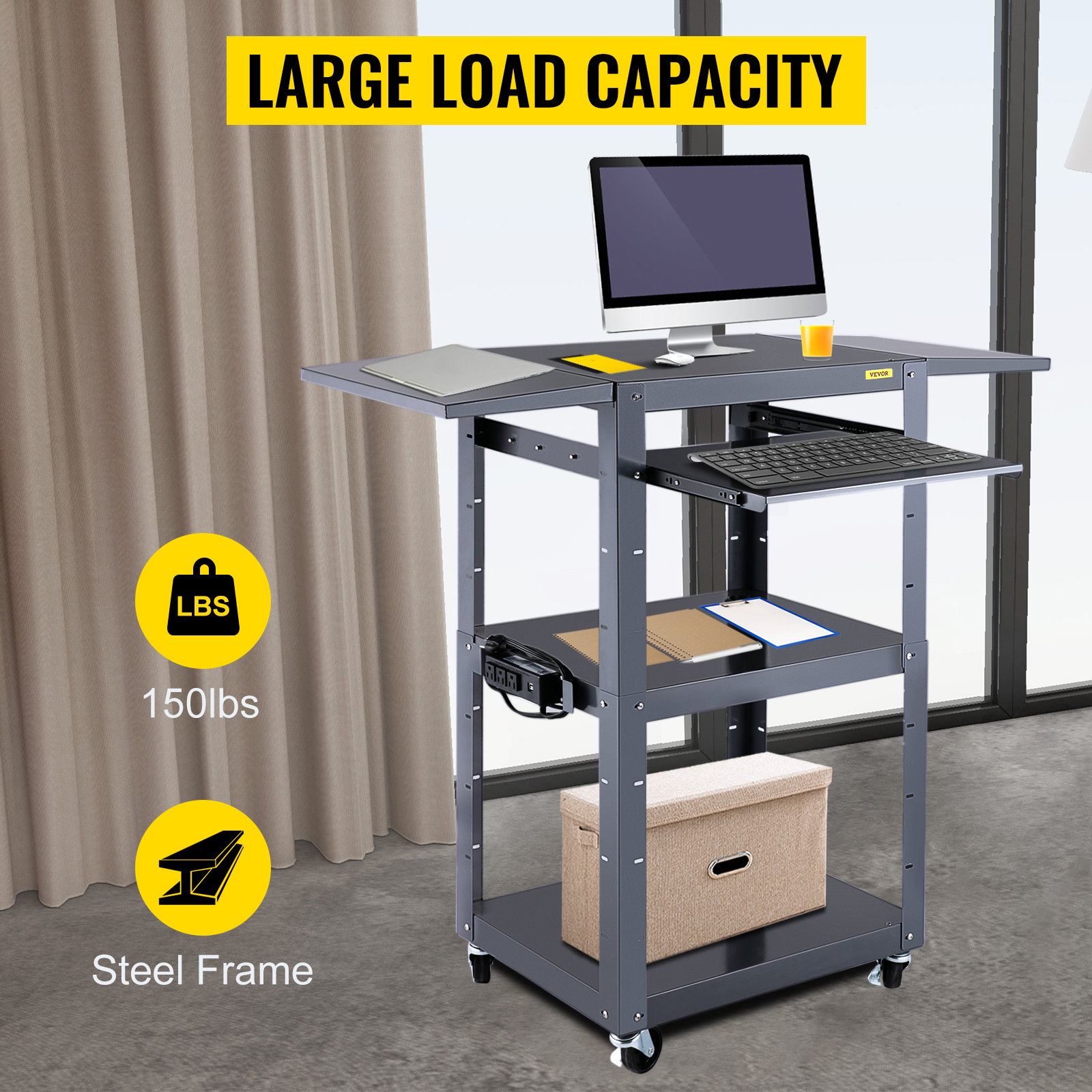 VEVOR AV Cart, 27-41 Inch Height Media Cart with Power Strip, 25 x 18 ...