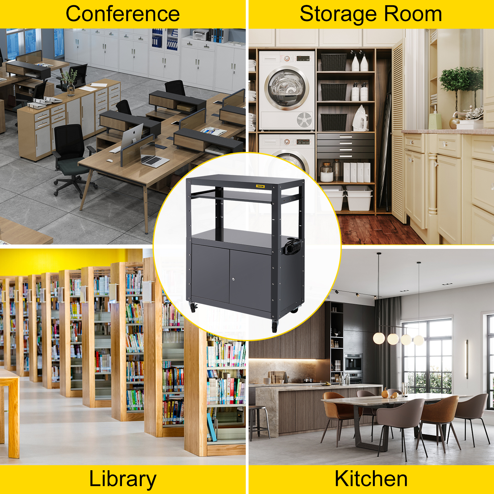 VEVOR AV Cart, 27-41" Height Media Cart with Power Strip, 33 x 18 ...