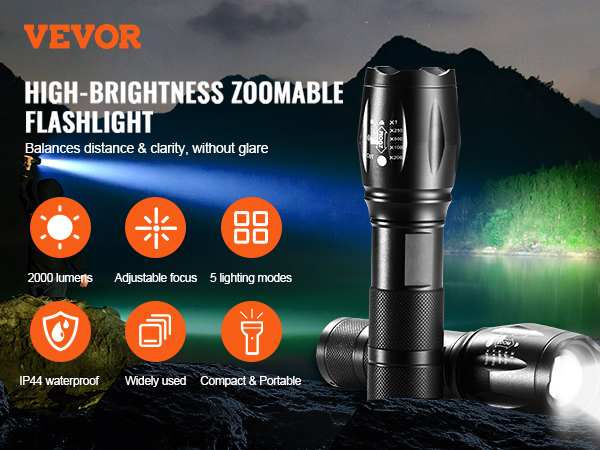 VEVOR 2 Pack Flashlights 2000 High Lumens 5 Modes Adjustable Focus ...