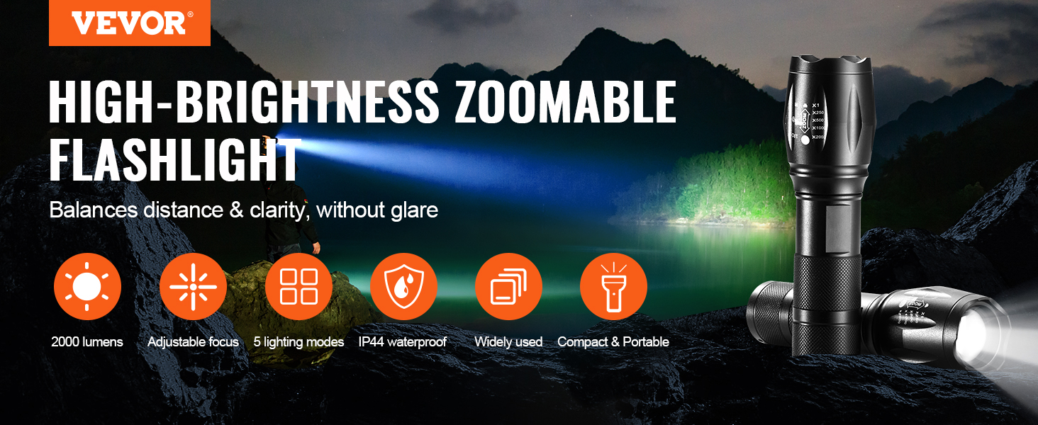 VEVOR 2 Pack Flashlights 2000 High Lumens 5 Modes Adjustable Focus ...