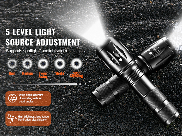 VEVOR 2 Pack Flashlights 2000 High Lumens 5 Modes Adjustable Focus ...