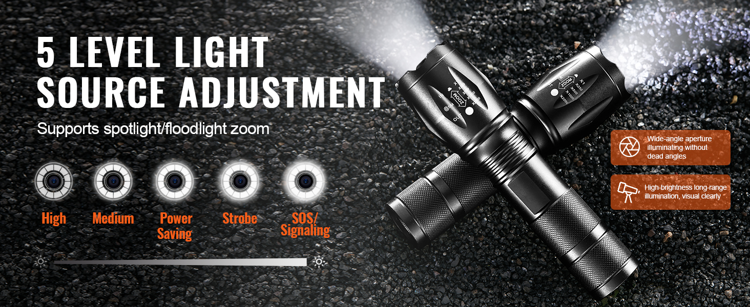 VEVOR 2 Pack Flashlights 2000 High Lumens 5 Modes Adjustable Focus ...